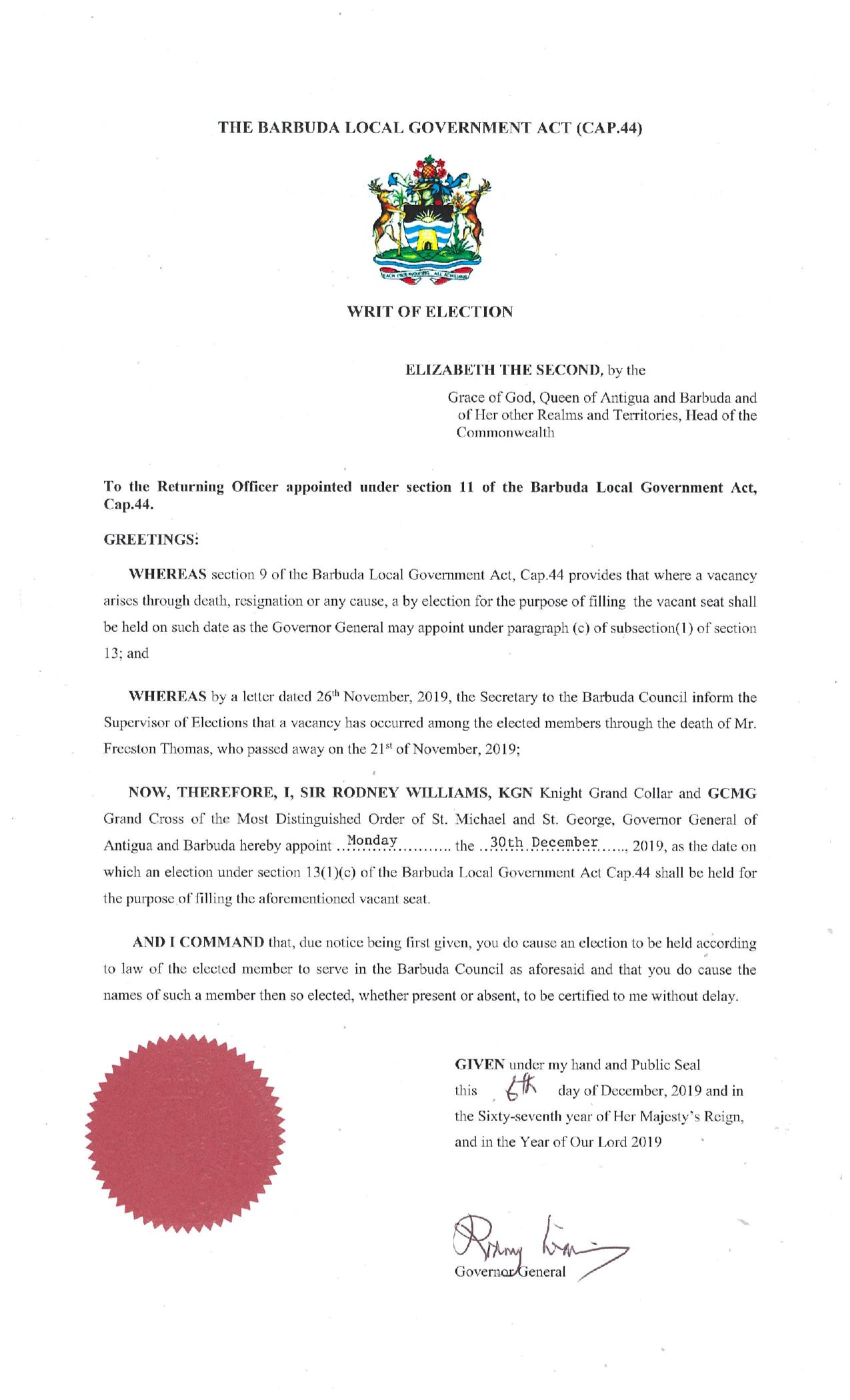 Writ Of Election For Barbuda By-election - Antigua News Room