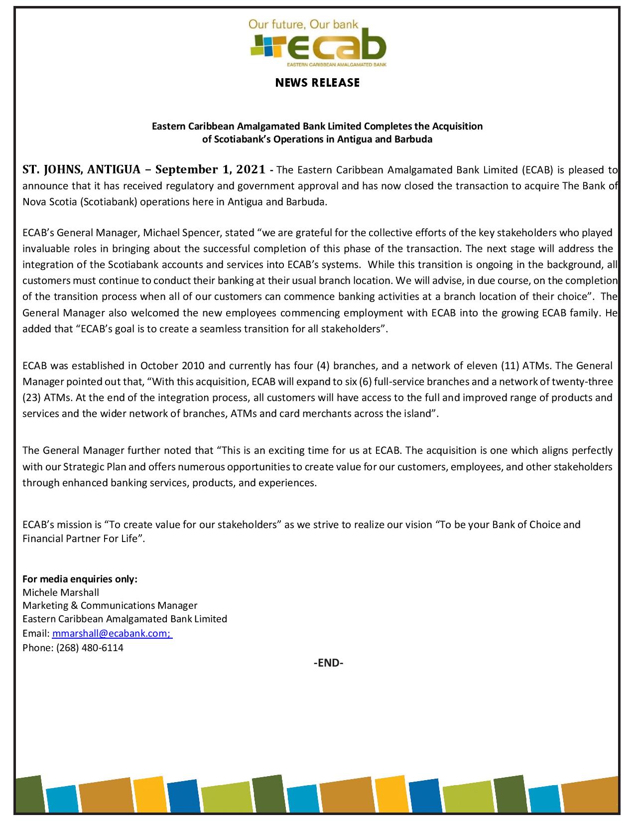 ECAB's Statement on the finalization of the acquisition of Scotiabank's ...