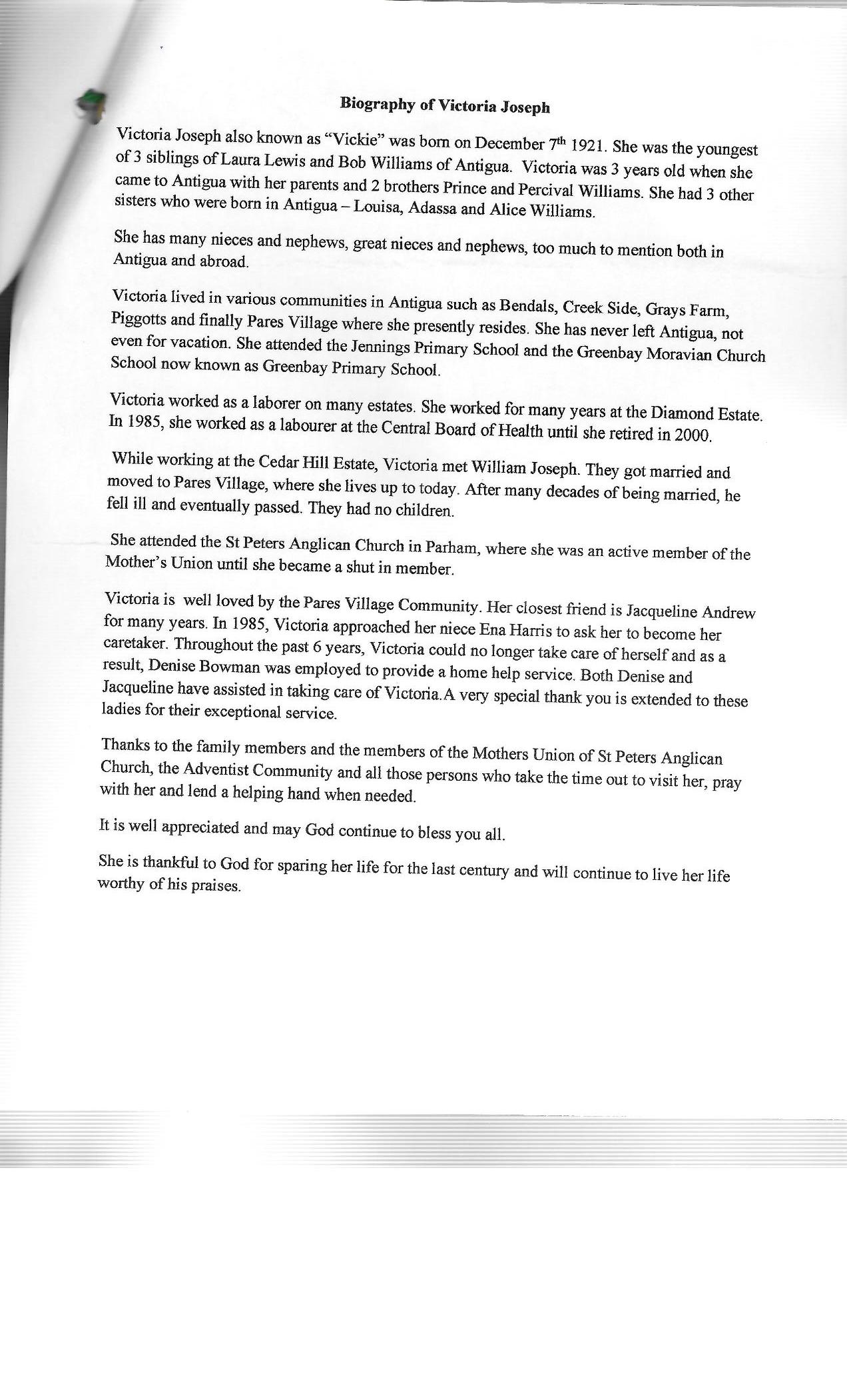 Mrs. Victoria "Vicky" Joseph is celebrating her 100th birthday today ...