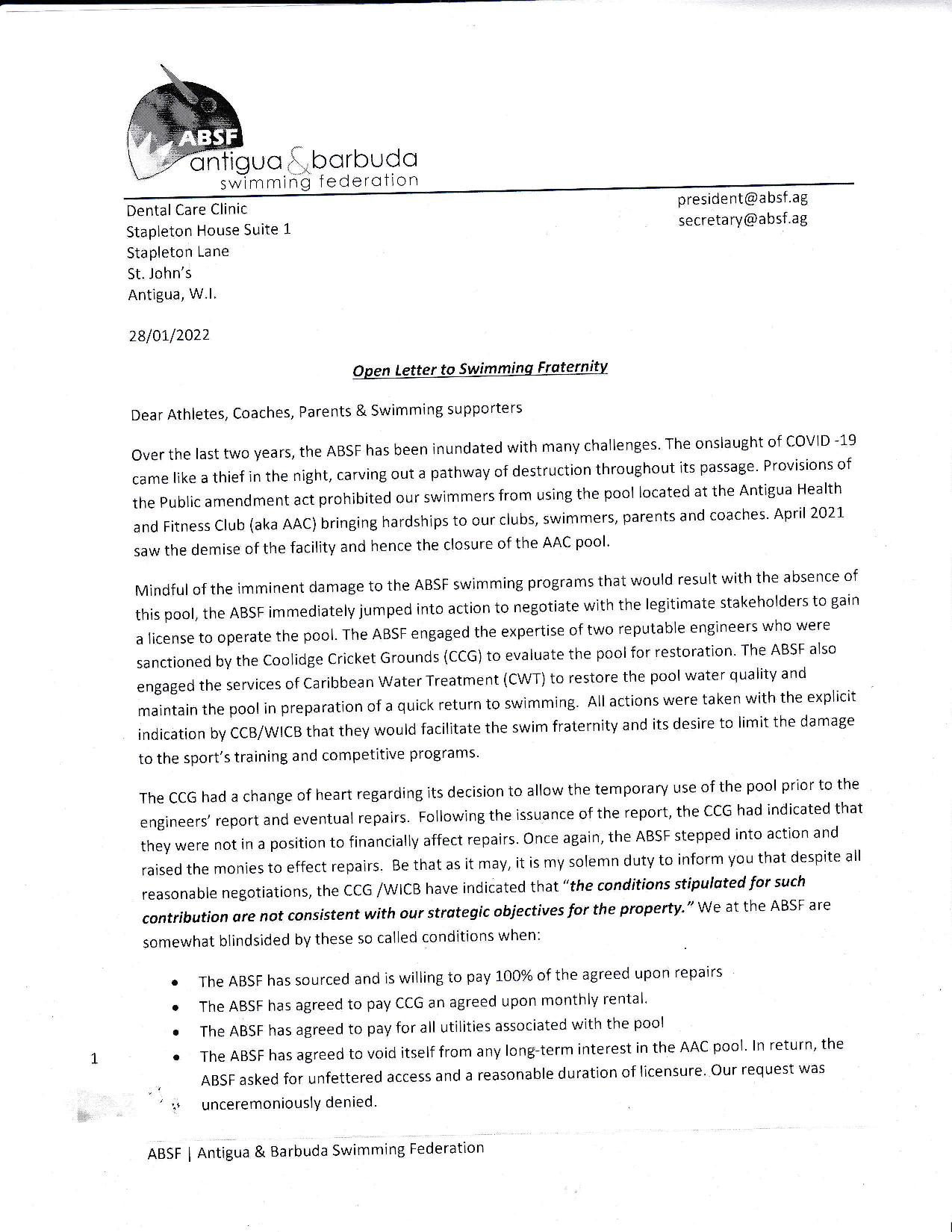 Open letter from ABSF President to swim fraternity regarding closure of ...