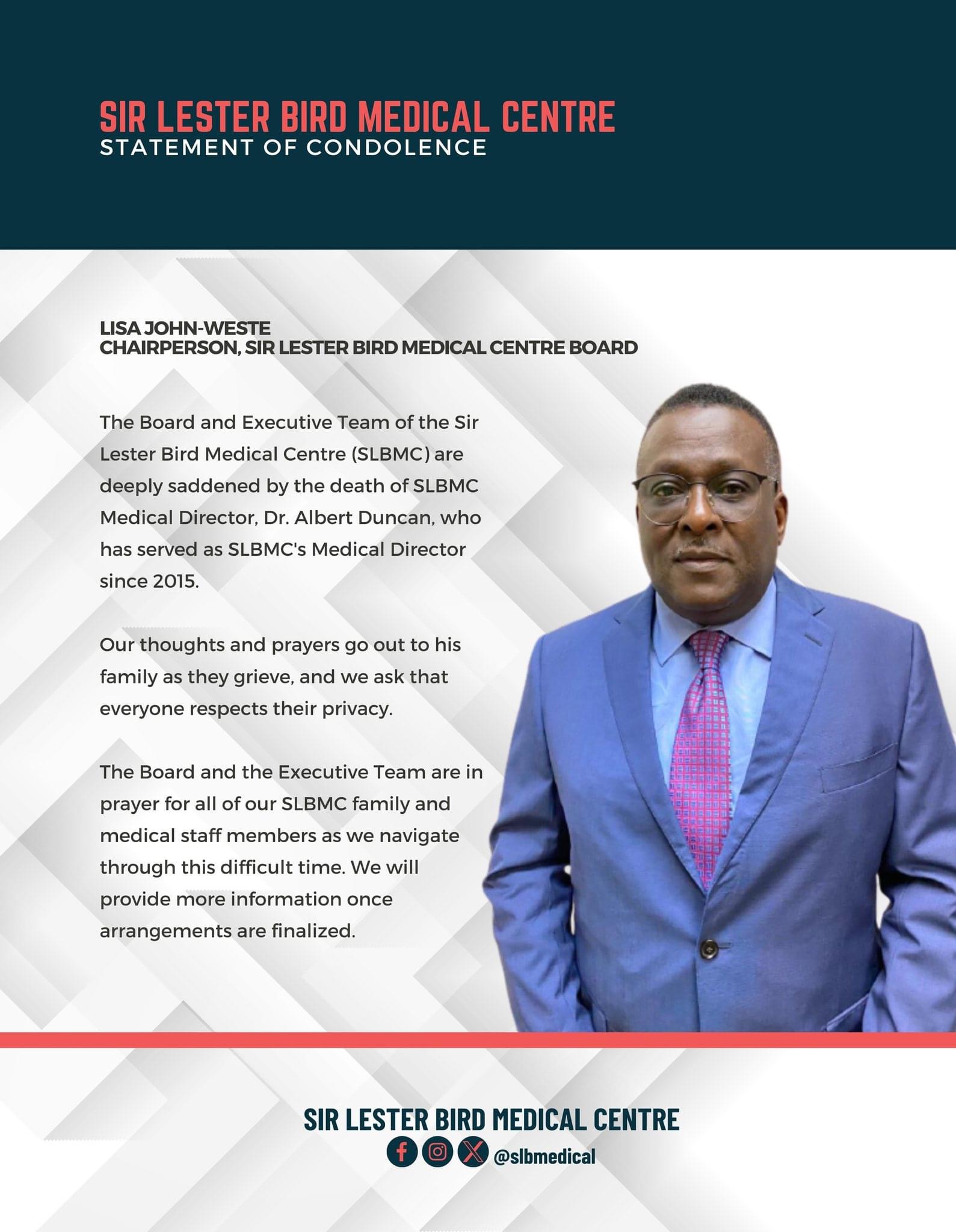 Hospital Team Deeply Saddened by passing of Dr. Albert Duncan - Antigua ...